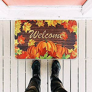 Pumpkin Welcome Mat for Indoor/Outdoor Bedroom Kitchen, Autumn Maple Leaves Welcome Doormats Thanksgiving Entrance, Low-Profile Floor Mat for Fall, 17 x 29 Inch