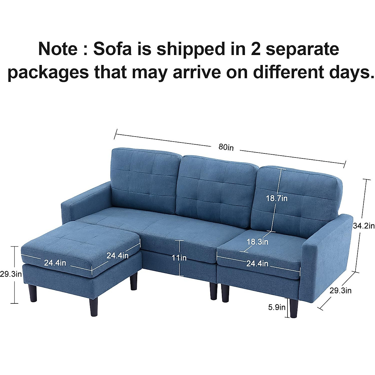 VECELO Convertible Sectional Sofa, Modern Linen Fabric L-Shaped Couch with Reversible Chaise for Living Room/Apartment/Office, Blue