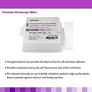 McKesson Microscope Slides - Charged, White Frosted, Ground Edged with 90° Corners, Pre-Cleaned Glass Slides, 72 Count