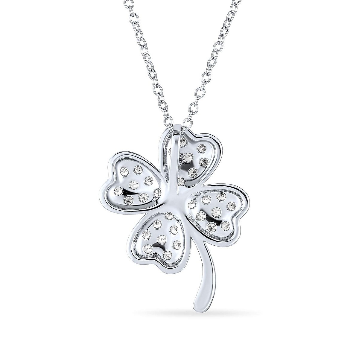 Irish Shamrock Lucky Charm Pave CZ Four Leaf Clover Pendant Necklace For Women For Teen .925 Sterling Silver