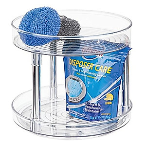 mDesign 2 Tier Lazy Susan Turntable Food Storage Container for Cabinets, Pantry, Fridge, Countertops - Raised Edge, Spinning Organizer for Spices, Condiments - 9" Round - Clear/Chrome