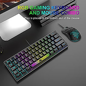 60% Gaming Keyboard and Mouse,Rainbow LED Backlit Gaming Keyboard with Wired Mini Portable Ergonomic 2400 DPI Ultralight Gaming Honeycomb Shell Mouse,Mouse Pad for Windows PC Gamers(Black)