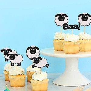Ercadio 24 Pack Sheep Cupcake toppers Black Glitter Farm Animals Cupcake Picks Sheep Baa Cupcake Decors Sheep Theme Baby Shower Birthday Party Supplies