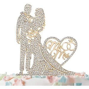 Mr and Mrs Cake Topper Rhinestone Metal Love Couple For Wedding/Engagement/Bridal Shower/Anniversary/Birthday Gold