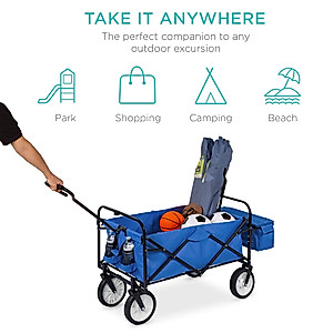 Best Choice Products Collapsible Folding Outdoor Utility Wagon with Canopy Garden Cart for Beach, Picnic, Camping, Tailgates w/Removable Canopy, Detachable Pockets, 150lb Weight Capacity - Blue