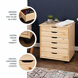 Linon Callie Multipurpose Six Drawer Dresser Wide Wood Rolling File Cabinet Storage Cart in Natural