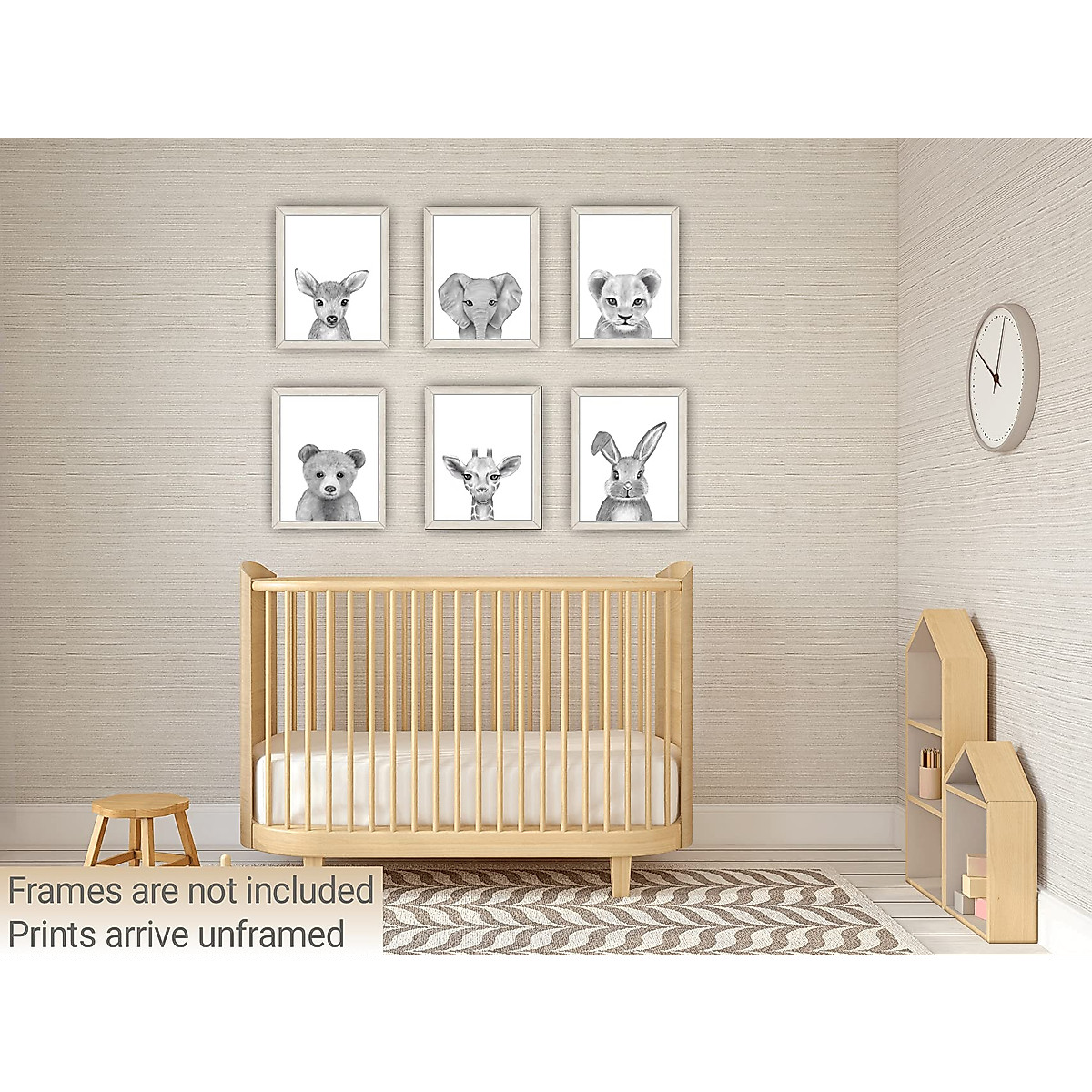 Baby Animal Nursery Prints |Set of 6| Neutral Woodland and Safari Artwork for Wall Decor (11in x 14in)