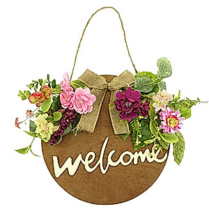 YNYLCHMX Summer Welcome Sign for Front Door, Round Wooden Hanging Sign for Outdoor, Porch, Indoor, Farmhouse Front Door Decor with Red Pink Roses