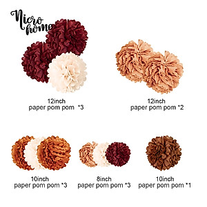 NICROHOME 12 PCS Wedding Party Decorations - Carmine, Rust Orange, Light Brown Tissue Paper Pom Poms for Rustic Wedding, Retro Parties, Baby Shower, Birthday,Thanksgiving