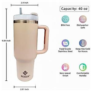 Bexsem - Stainless Steel Insulated Beer Coffee Mug Powder Coated 40oz | Tumblers with Handle | Travel-Friendly (Pink)