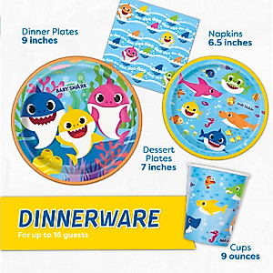 Baby Shark Birthday Decorations Set | Baby Shark Party Supplies | For Boys and Girls | With Banner, Tablecloth Table Cover, Dinner Plates, Cake Plates, Cups, Napkins, Sticker | Serves 16 Guests