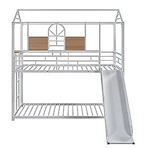 Lostcat House Bunk Bed with Slide and Slide,Twin Over Twin Bunk Bed with Safety Guardrails and Roof Design for Kids, Teens, Girls, Boys,No Box Spring Required,White