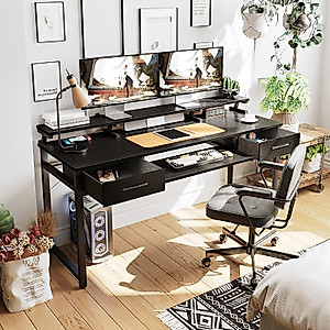 ODK Computer Desk Study Table, 63 Inch Office Desk with Drawers and Keyboard Tray, Study Desk Work Desk with Monitor Shelf, Writing Desk with Storage for Home Office, Black