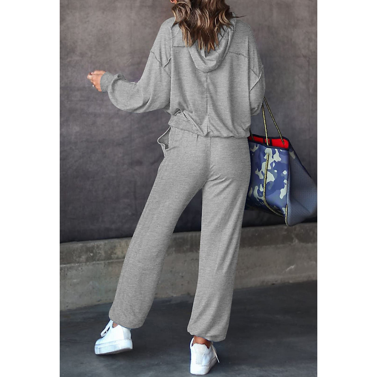 Pink Queen Women's Two Piece Lounge Set Sweatsuits Casual Fall Cutout Pullover Hoodies Tracksuit Ladies Running Active Drawstring Pants With Pockets Light Grey L