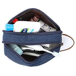 Mactso Mens Travel Toiletry Bag Canvas Leather Cosmetic Makeup Organizer Shaving Dopp Kits with Double Compartments (Blue 1)