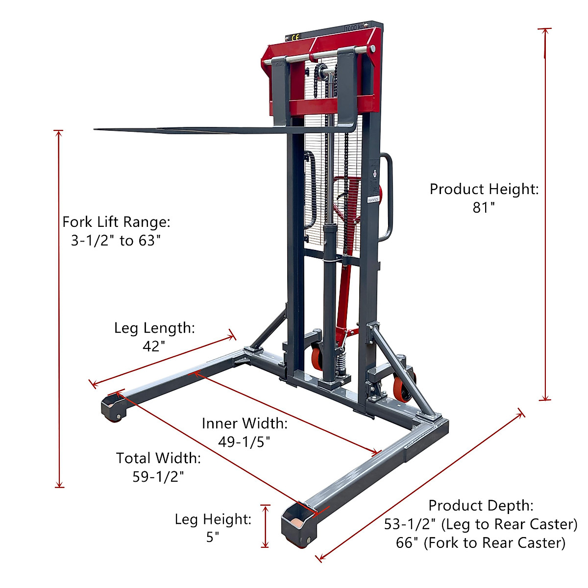 Pake Handling Tools Long Fork Manual Pallet Stacker Hand/Foot Pump Lift Truck Hydraulic Lift with Adjustable Fork and Straddle Legs, 2200 lbs Capacity, Lift Height 63", Fork 45.27" L, Leg 49.2" W