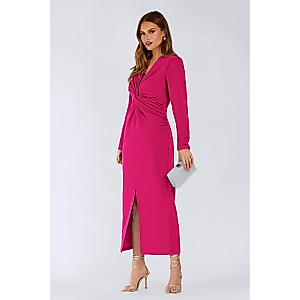 PRETTYGARDEN Women's Spring Fall Fashion Long Puff Sleeve Maxi Dresses V Neck Twist Front Formal Dress with Slit (Rose Red,Large)