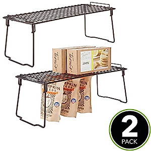 mDesign Metal Stackable Storage Shelf - 2 Tier Raised Food and Kitchen Organizer for Cabinets, Pantry Shelves, Countertops, Closet, 2 Pack, 7" x 17.3" x 6.5" - Bronze