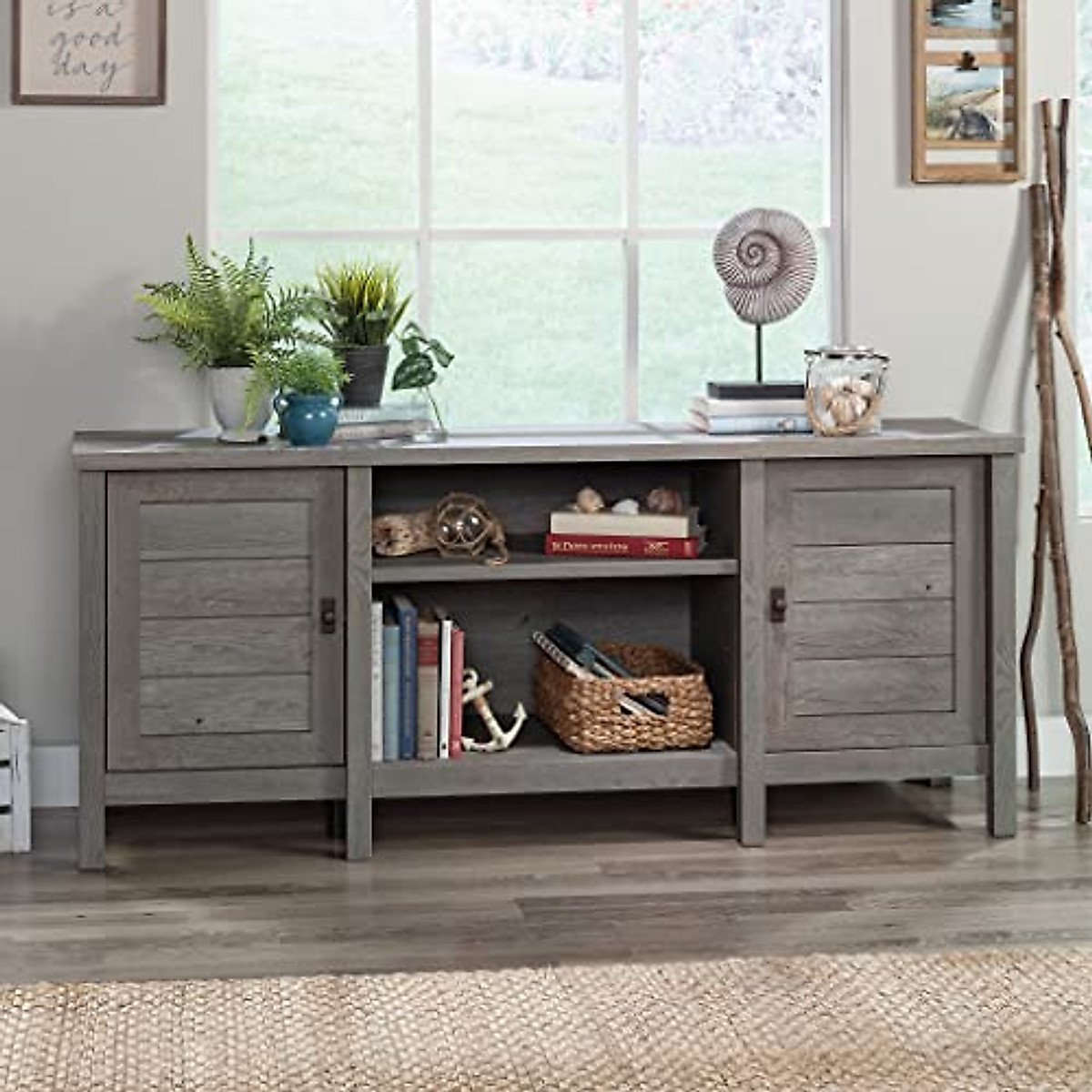 Sauder Cottage Road TV Credenza with Doors, L: 59.13" x W: 15.59" x H: 24.65", Mystic Oak Finish