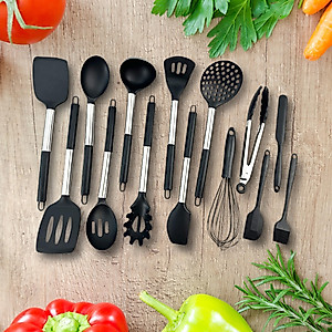 15 Pieces Silicone Kitchen Utensil Set with Holder | Non Slip Stainless Steel Cooking Tool |Spatulas, Spoon, Ladle, Pasta Server, Turner, Tongs, Whisk & More | Heat Resistant 446°F | BPA Free (Black)
