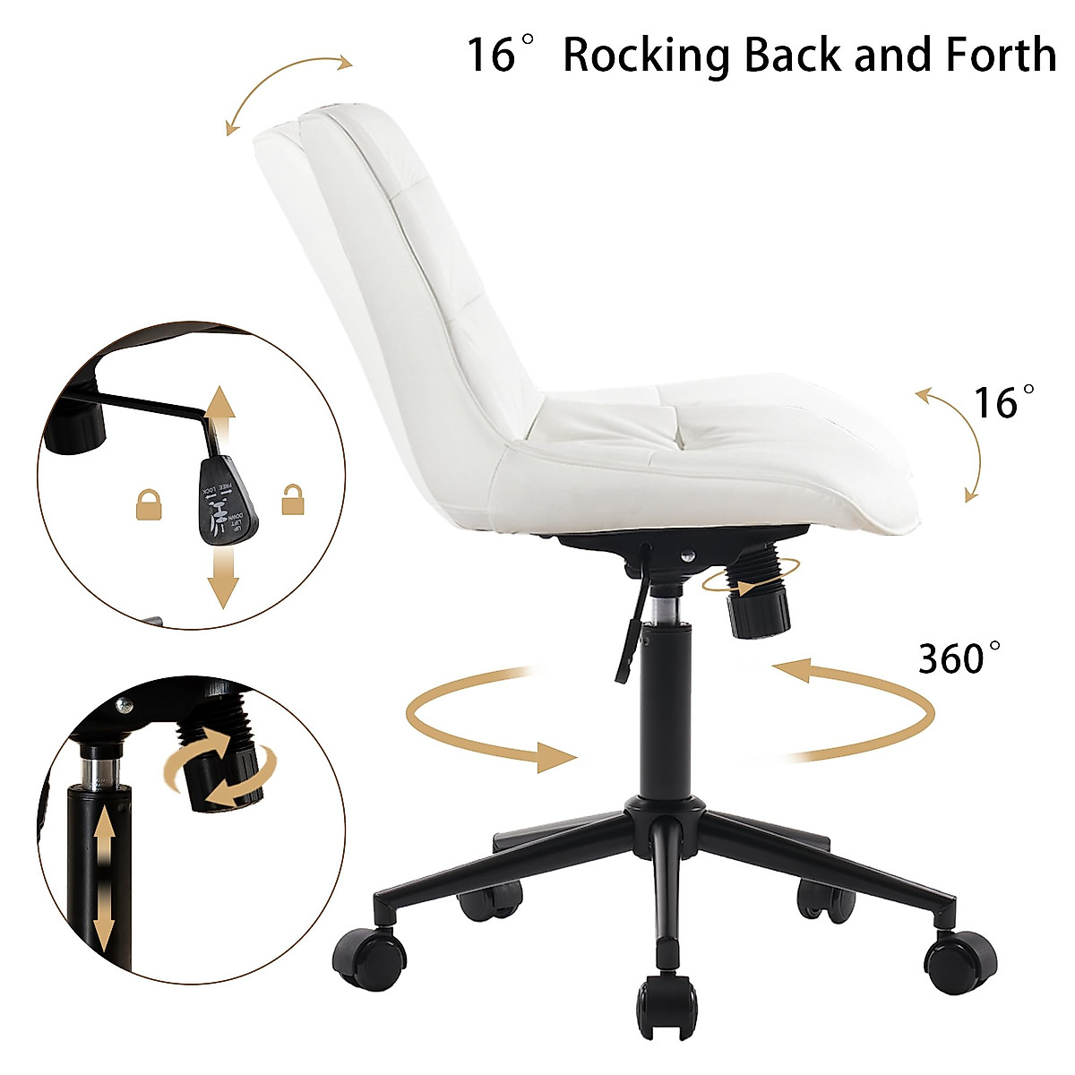 Kidol & Shellder Armless Office Chair Desk Chair Comfy Ergonomic Swivel Chair Home Office Desk Chairs with Wheels Rolling Task Computer Chair Makeup Vanity Chair with Back for Bedroom(White)