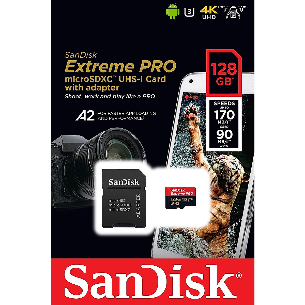 SanDisk Extreme Pro MicroSD Card 128GB Memory Card for DJI Air 2S Drone (SDSQXCY-128G-GN6MA) Class 10 Video Speed V30 UHS-I U3 160MB/s SDXC Bundle with (1) Everything But Stromboli Micro Card Reader