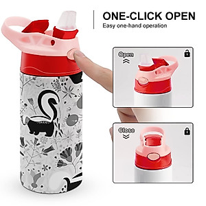 Black White Skunks Floral Flowers Vintage Old Retro Style Stainless Steel Water Bottle, Leak-Proof Hot Cold Travel Mug with Handle Cup Bottle 16.9 Oz, Coffee Mug with Red Straw Lid