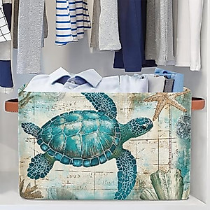 Sea Turtle Retro Map Storage Basket Bin Nautical Ocean Starfish Large Fabric Toys Storage Cube Box with Handles Collapsible Closet Shelf Cloth Organizer Basket for Nursery Bedroom Gift
