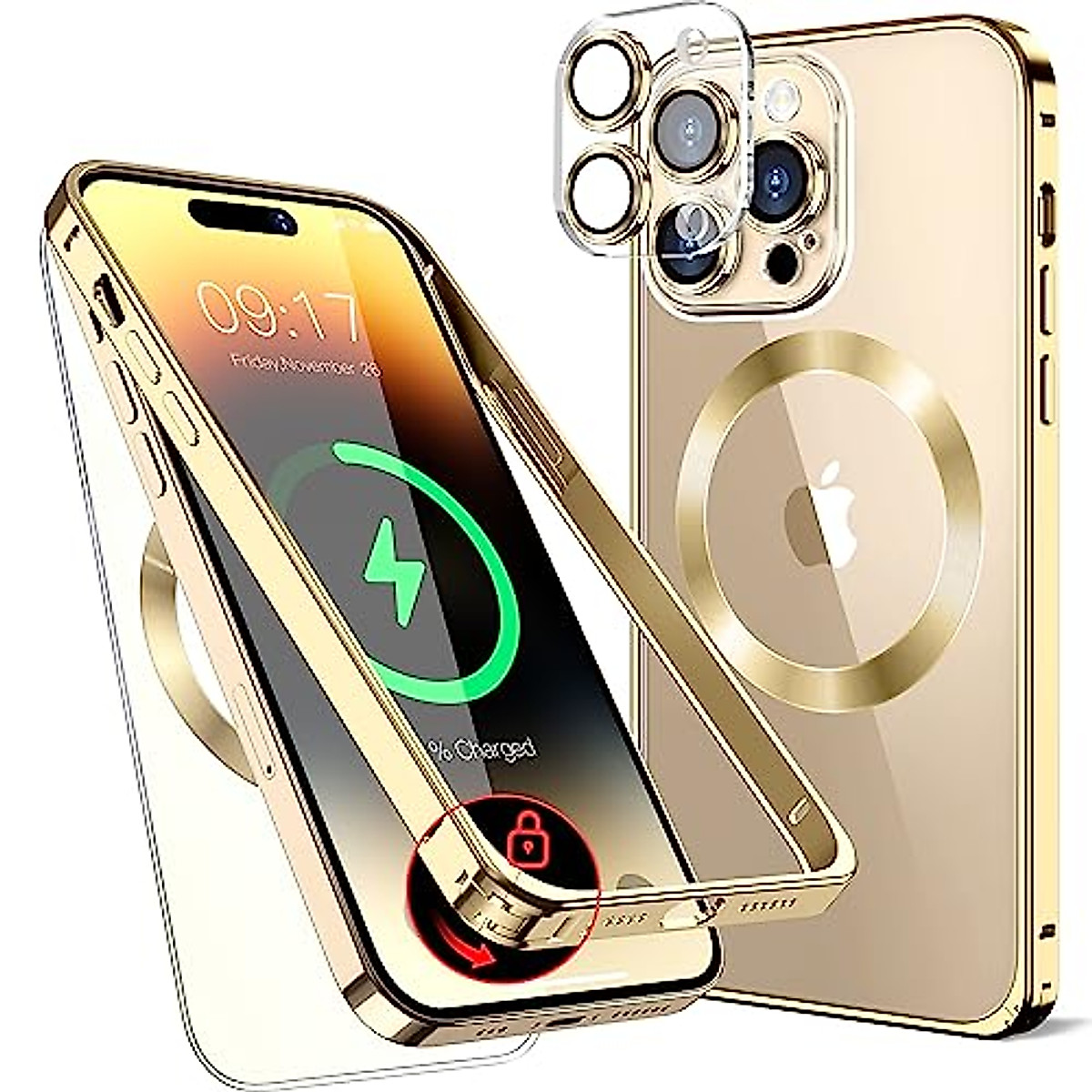 Metal Magnetic Clear Case for iPhone 13 Pro Max [CD Pattern for Magsafe Ring & Safety Lock] [Metal Frame Bumper] [Integrated Camera Lens Protector] Shock-Absorb Case, Clear Back Cover - Luxury Gold