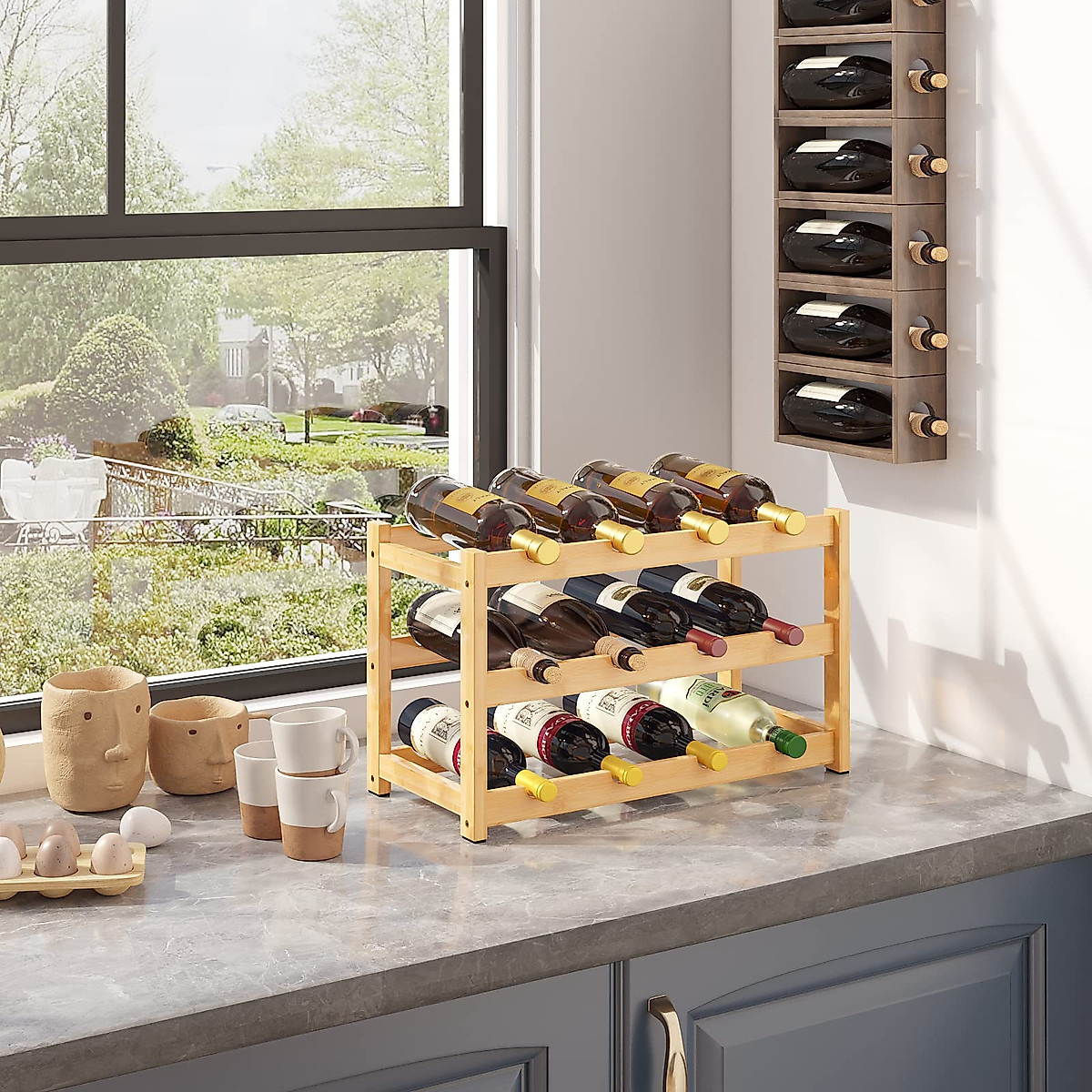 BAMEOS Bamboo Wine Rack, 3 Tier Natural Wine Rack Freestanding Floor Display Storage Shelf countertop Wine Holder for Kitchen, Bar, Pantry, Wine Cellar, Basement,Study，Maroon (16.85 L x 9.25W x 12H)