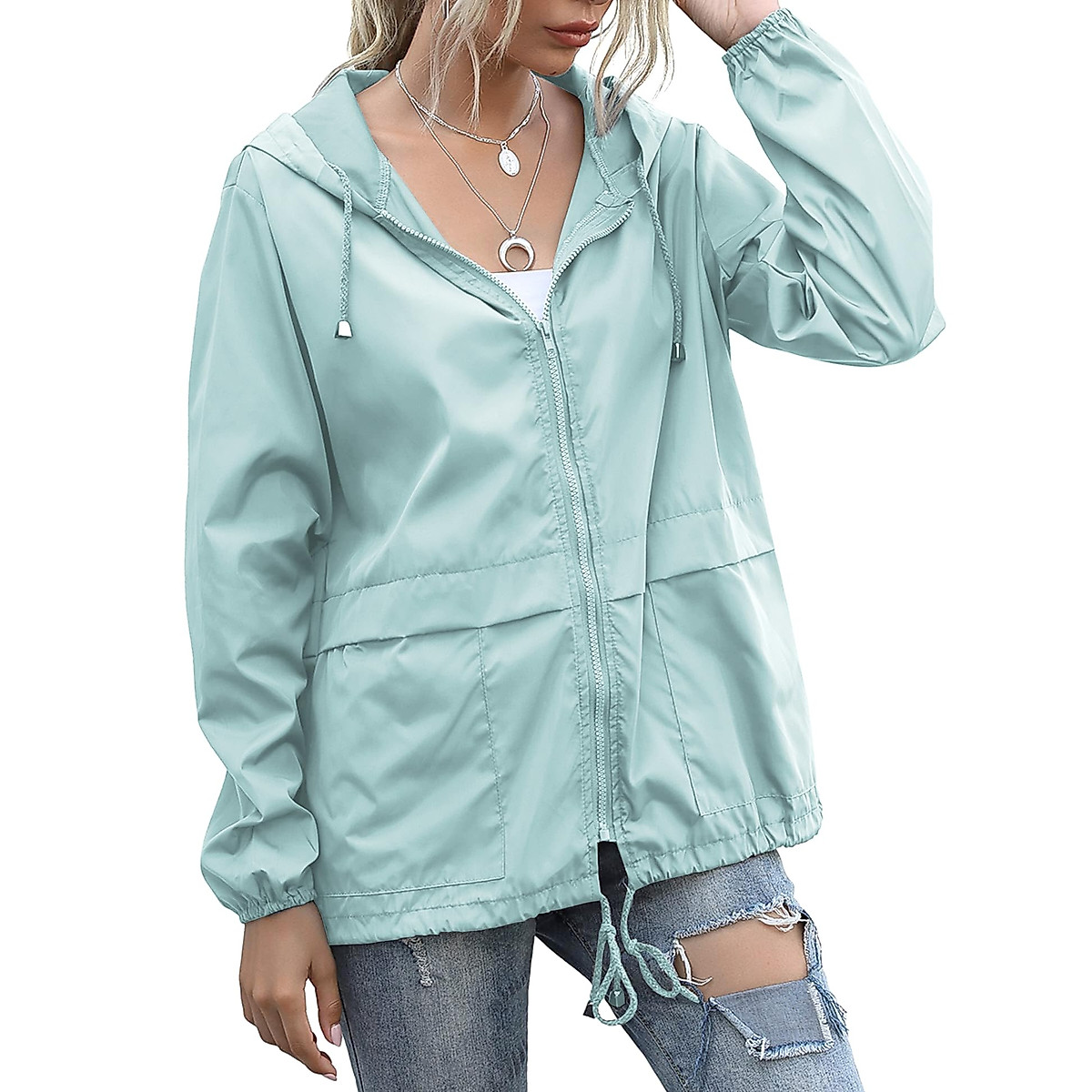 Zcfire Summer Thin Jackets Waterproof Raincoat Lightweight Breathable Rain Jacket Hooded Rain Coat Outdoor Light Green XL