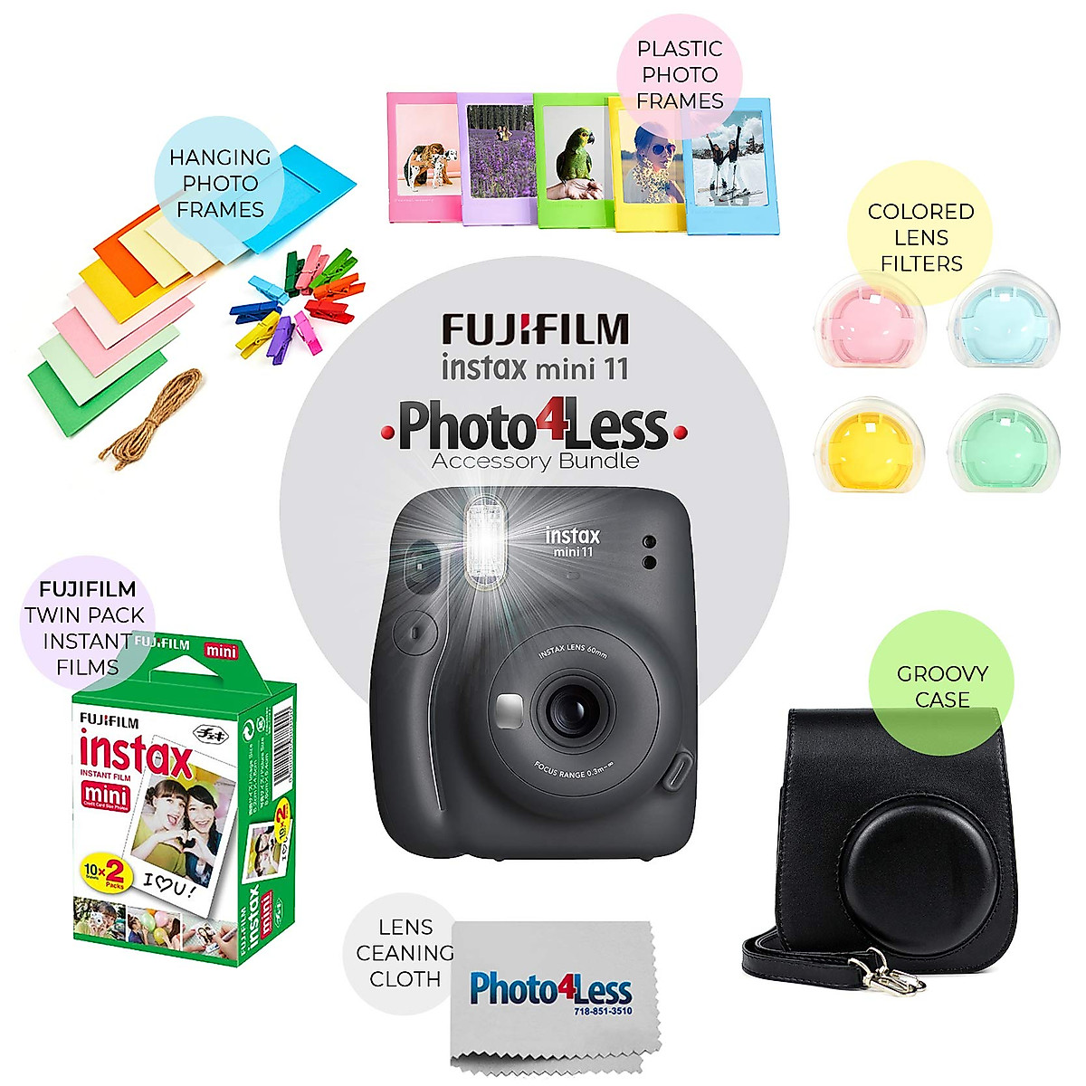 Fujifilm Instax Mini 11 Instant Camera + Instax Mini Twin Pack Film + Hanging Frames + Plastic Frames + Case + Close Up Filters - All Inclusive Bundle! (Charcoal Grey)