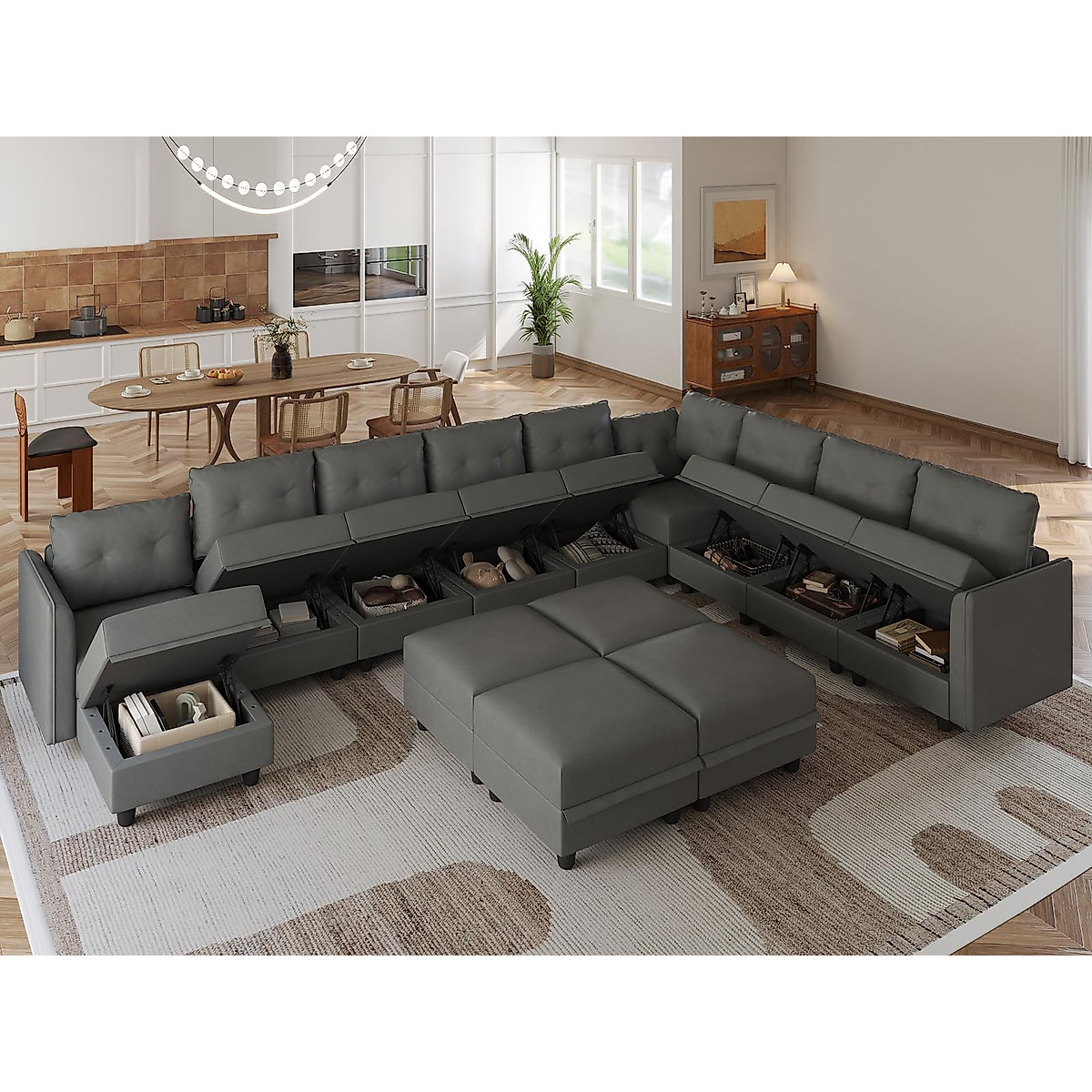 LLappuil Modular Sectional Sofa with Storage, Oversized Couch 14 Seater U Shaped Sofa with Chaise, Faux Leather Fabric Large Sectional Couch with Ottoman, Dark Grey