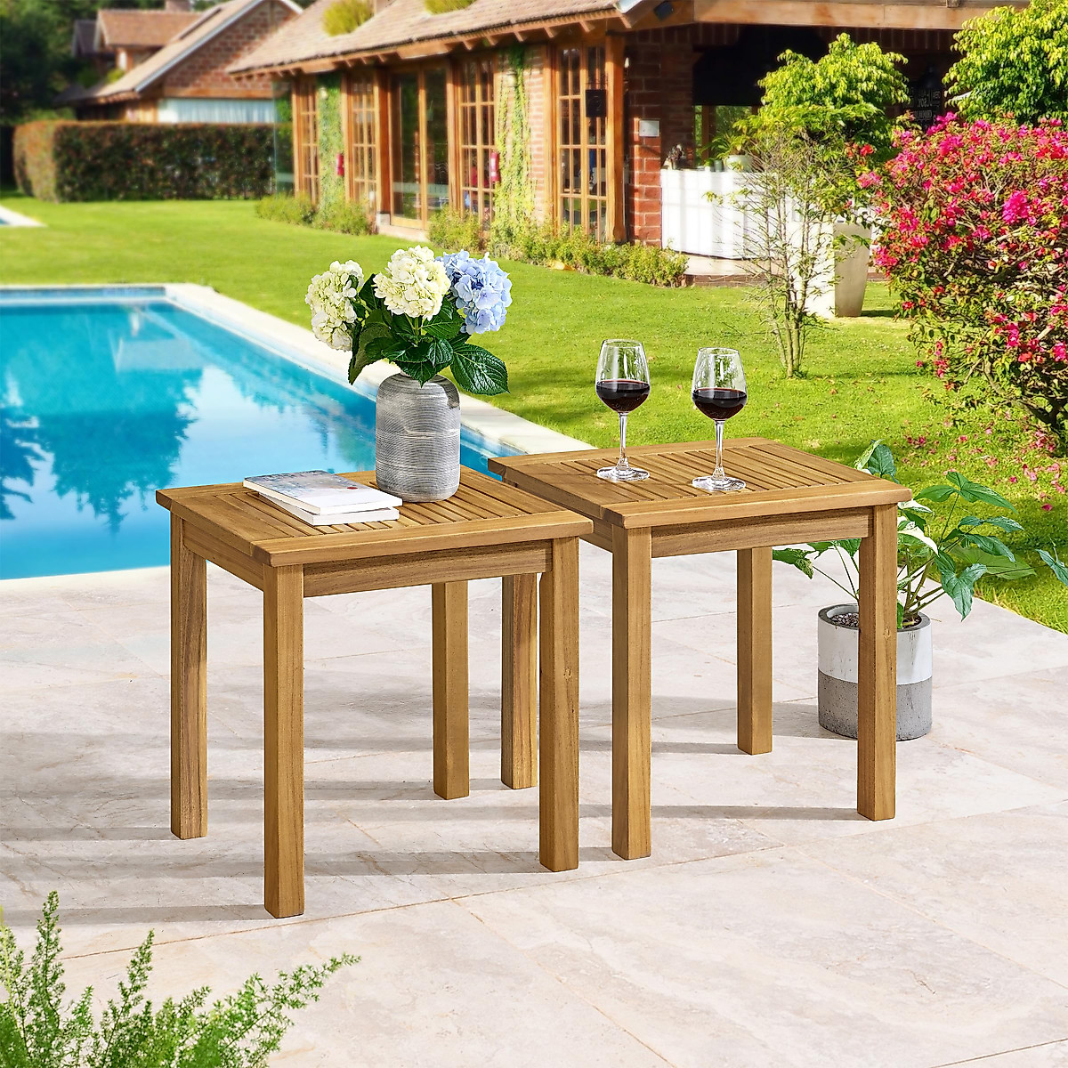 Okemo Set of 2 Outdoor Tables - Weather-Resistant Acacia Wood Side Table Set - Furniture for Patio, Porch, Deck, or Poolside