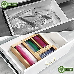 Ziplock Bag Organizer, Natural Bamboo Drawer Organizer for Kitchen, Plastic Bag Holder, Food Storage Bags Holder, Compatible with Ziploc, Solimo, Hefty, Glad. Container for Gallon, Quart, Sandwich, Snack, and Slider Bag with Extra 10pcs Mylar Bags for Foo
