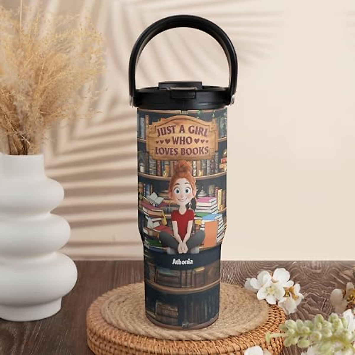 Cipustar Just A Girl Who Loves Books Personalized 30oz Tumbler With Handle, Daughter Gift For Birthday, Book Lover Gifts