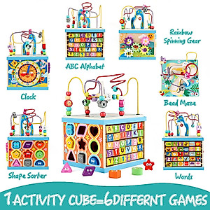 Qilay Wooden Activity Cube for Toddlers 1-3, 5 in 1 Multipurpose ABC-123 Abacus Early Educational Montessori Toys, Learning Toys for 1 2 3 Year Old | Bead Maze, Great for Boys Girls Toddlers