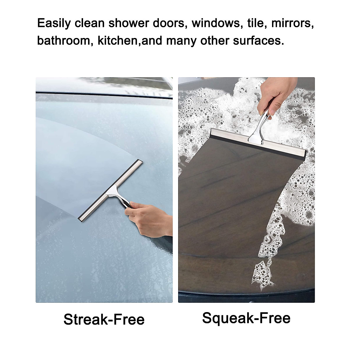 Adjaso All Purpose Stainless Steel Squeegee for Glass Shower Doors, Car Window, Home Mirrors, Bathroom Cleaner Wiper
