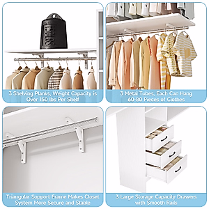 96 Inches Closet System, 8FT Walk In Closet Organizer with 3 Adjustable Shelves & 3 Hang Rods , Heavy Duty Clothes Rack with 3 Drawers, Built-In Garment Rack, 96"L x 16"W x 75"H, Load 1000 LBS, White