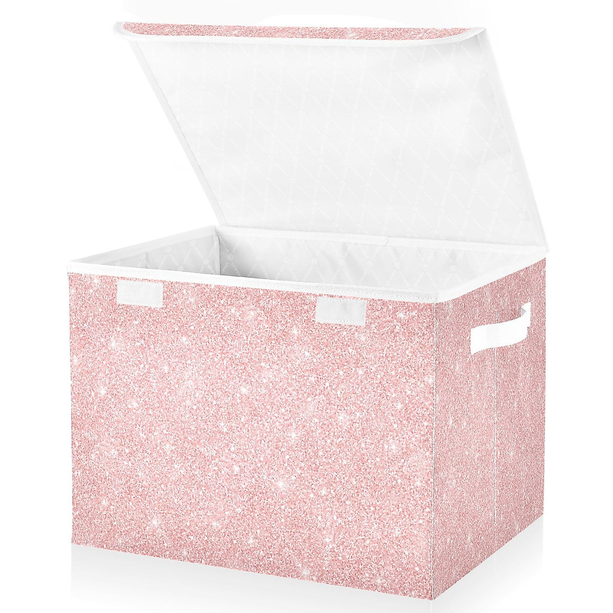 Ollabaky Pink Glitter Larger Foldable Storage Bin Fabric Decorative Storage Box Cube Organizer Container Baskets with Lid Handles for Closet Organization, Shelves