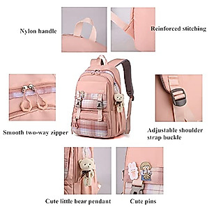 Girls Plaid Aesthetics Backpack Teens Lightweight Casual Bookbag Kawaii Travel Bag with Cute Pins Accessories Schoolbag