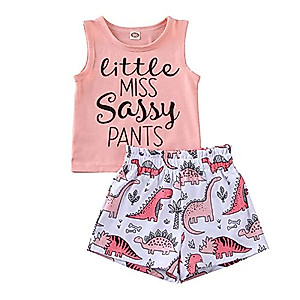 Toddler Kids Baby Girl Summer Clothes Sassy Shirts Tank Top+Dinosaur Shorts Pants Outfit Set (Tank top+Shorts, 2-3T)