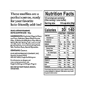 King Arthur Baking Keto Muffin Mix, All Purpose, 1g Net Carbs 0g Added Sugar Per Serving, Low Carb & Keto Friendly, 10 oz, White