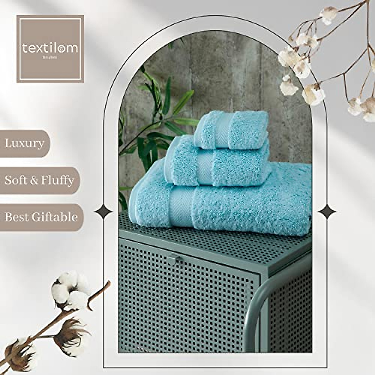 TEXTILOM 100% Turkish Cotton 3 Pcs Bath Towel Set, Luxury Bath Towels for Bathroom, Soft & Absorbent Bathroom Towels Set ( 1 Bath Towel, 1 Hand Towel, 1 Washcloth )- Aqua