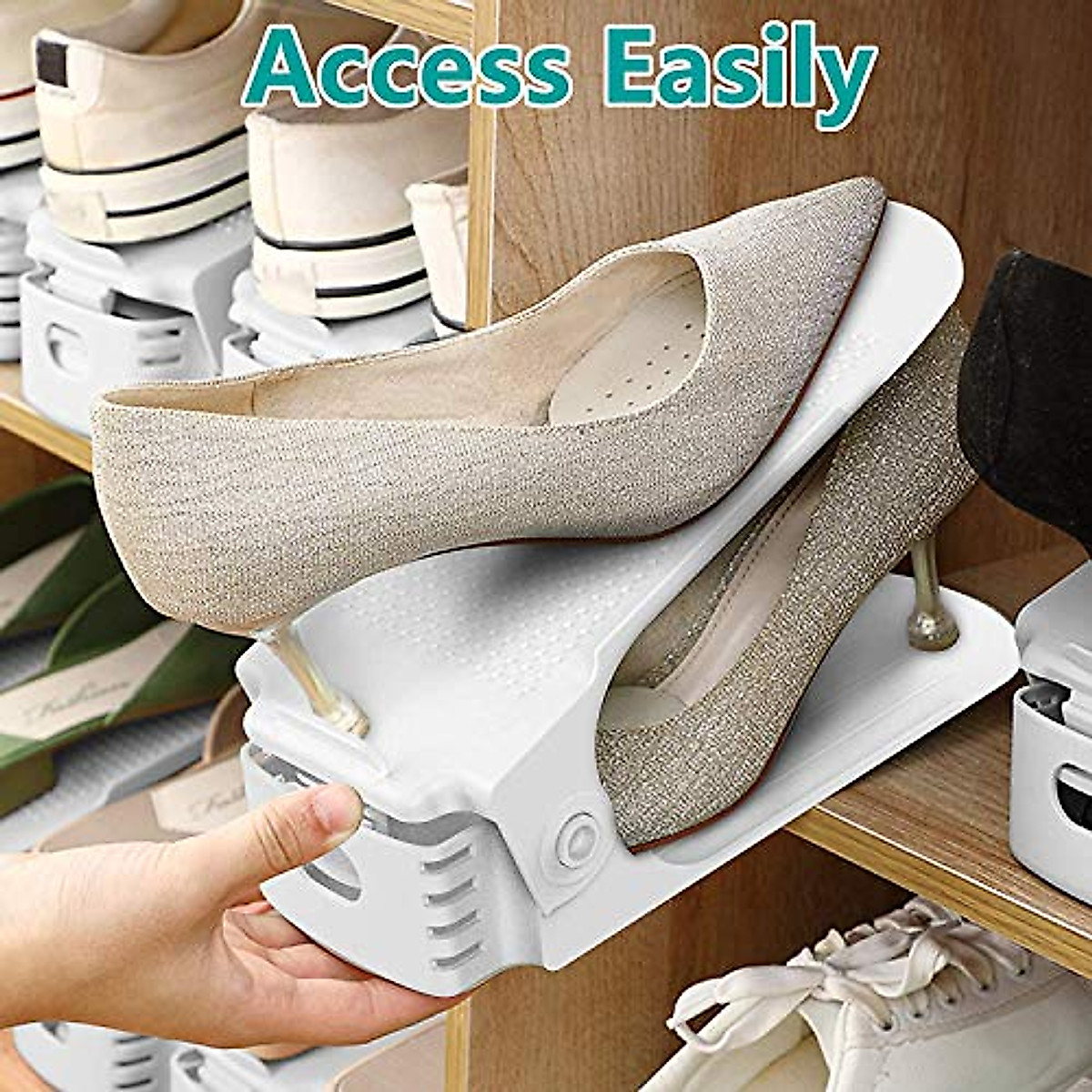 JGUSVYT Shoe Slots Organizer Under Stairs Storage, Adjustable Double Layer Stack Shoe Rack, 50% Space Saver for Closet Organization White