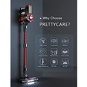 PRETTYCARE Cordless Vacuum Cleaner, 180W Powerful Suction Stick Vacuum with 35min Long Runtime Detachable Battery, 4 in 1 Lightweight Quiet Vacuum Cleaner Perfect for Hardwood Floor Pet Hair