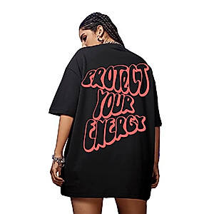 SweatyRocks Women's Short Sleeve Round Neck Tee Graphic Oversized T-Shirt Black L