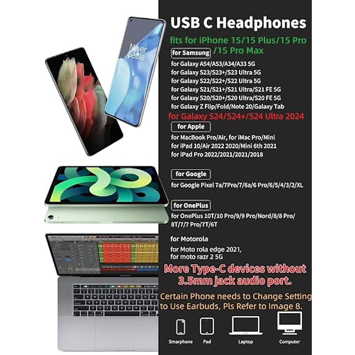 USB C Headphone for S23 S22 S21 S20 A53 A54 Wired Earbuds Magnetic in-Ear Type C Earphone with Microphone Volume Control Bass Stereo Noise Canceling Galaxy Flip 5 Fold 4 Pixel 6 6a 7a OnePlus