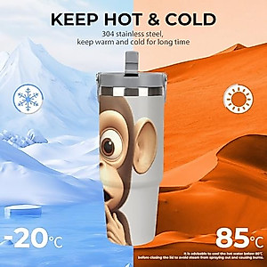 BWQJKUO Large Capacity Car Cup 30 Oz Stainless Steel The Silent Monkey Printed Travel Mug Leak-proof Flip Straw Tumbler with Handle,keeps Cold Or Ho