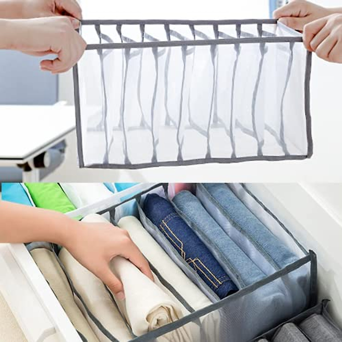 The WomenLand Wardrobe Clothes Organizer 2PCS, Washable 7 Grids Foldable Drawer Organizers for Clothing, Visible Drawer Mesh Separation Box for Jeans, T-shirt, Legging, Skirts, Kid Clothes
